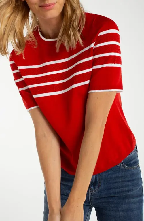 LIVERPOOL Stripe Short Sleeve Sweater - Fire Brick/white Stripe