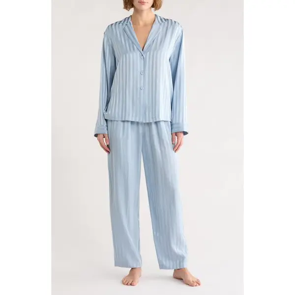 Lunya Stripe Washable Silk Button-up Pajamas - Frosted Lagoon Jacquard