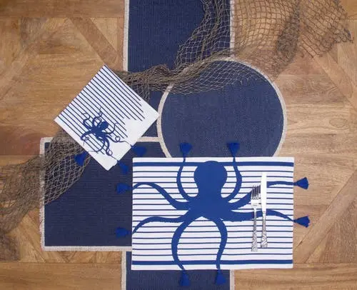C&F HOME Indigo Octopus Stripes And Tassels Placemats Set Of 6