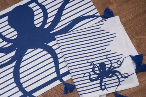 C&F HOME Indigo Octopus Stripes And Tassels Placemats Set Of 6