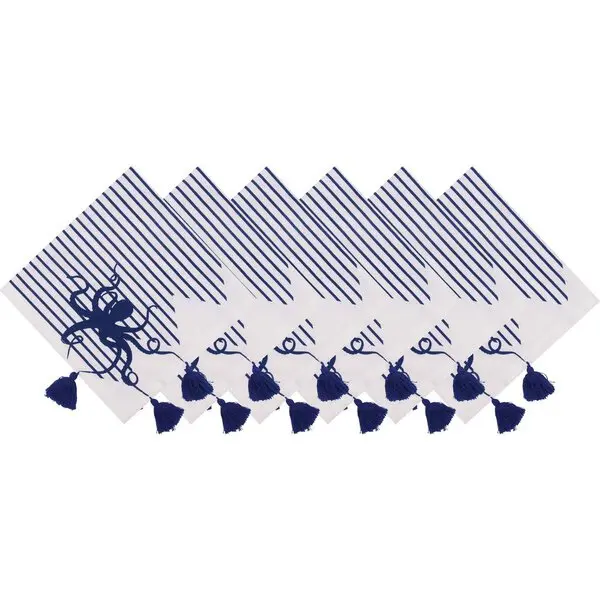 C&F HOME Indigo Octopus Stripes And Tassels Machine Washable Napkins Set Of 6 - Blue