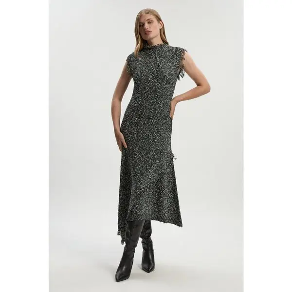Karen Millen Tweed Yarn Fringe Trim Knitted Midi Dress - Black