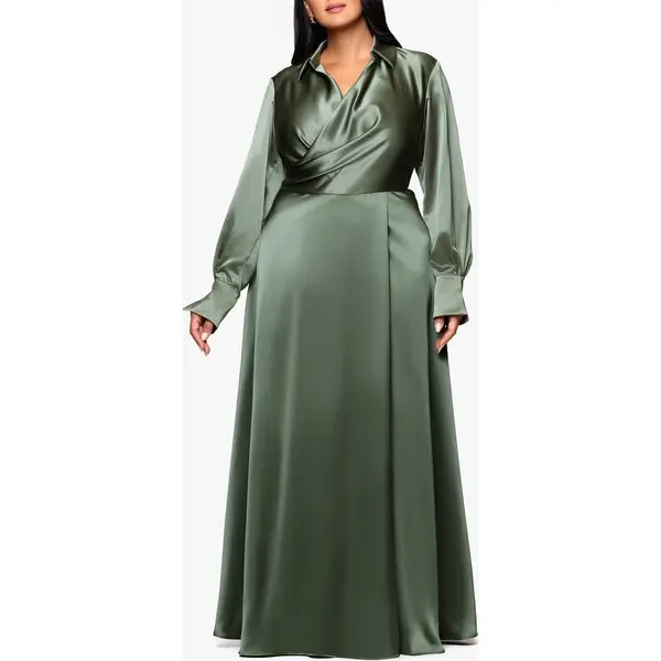 XSCAPE EVENINGS Long Sleeve Satin Gown