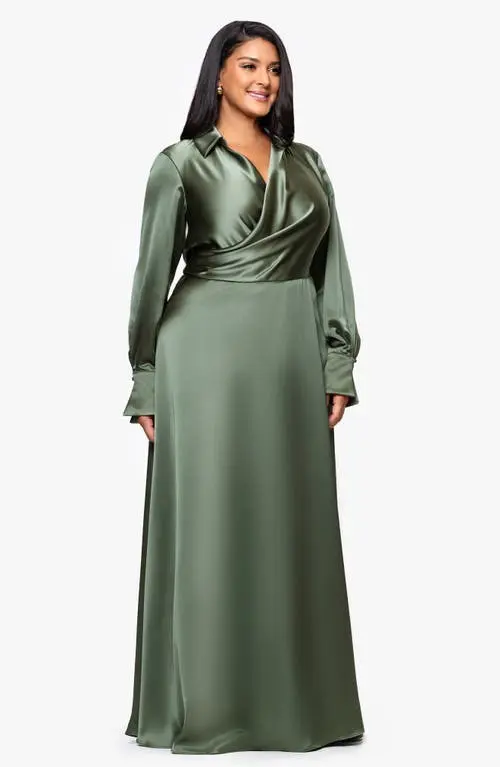 XSCAPE EVENINGS Long Sleeve Satin Gown