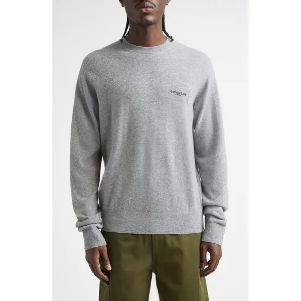 Givenchy Logo Embroidered Wool & Cashmere Crewneck Sweater - Light Grey Melange