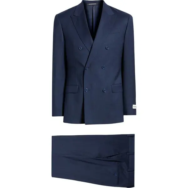 Emporio Armani Double Breasted Microcheck Virgin Wool G-line Suit - Navy