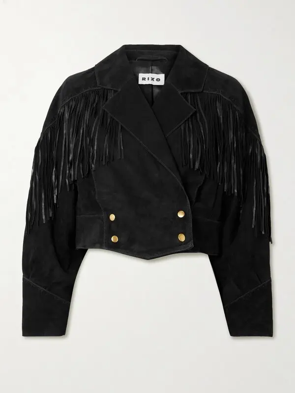 Rixo Darragh Fringed Double-breasted Suede Jacket - Black