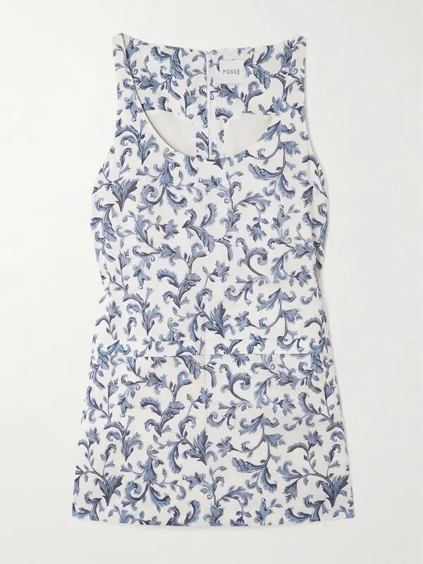 Posse Rue Printed Linen And Silk-blend Mini Dress - Blue