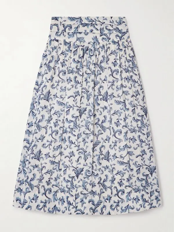 Posse Rue Pleated Printed Linen And Silk-blend Midi Skirt - Blue