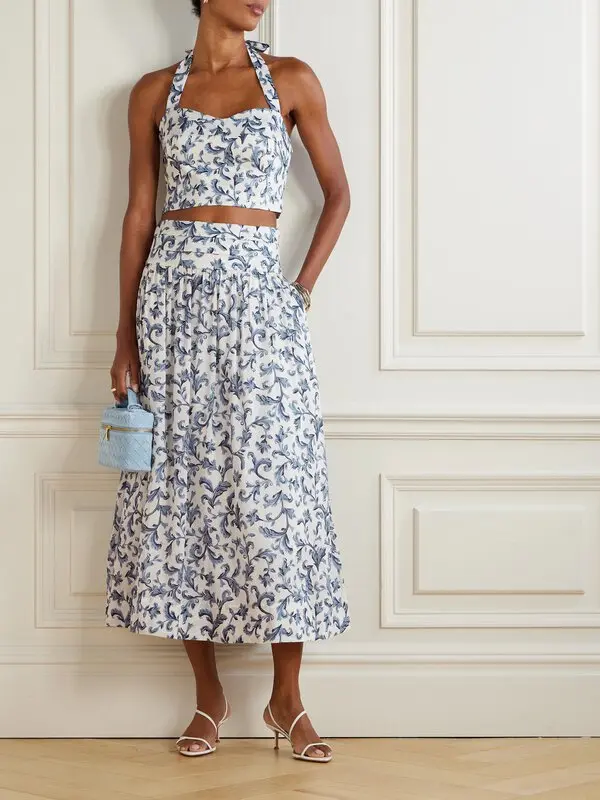 Posse Rue Pleated Printed Linen And Silk-blend Midi Skirt - Blue