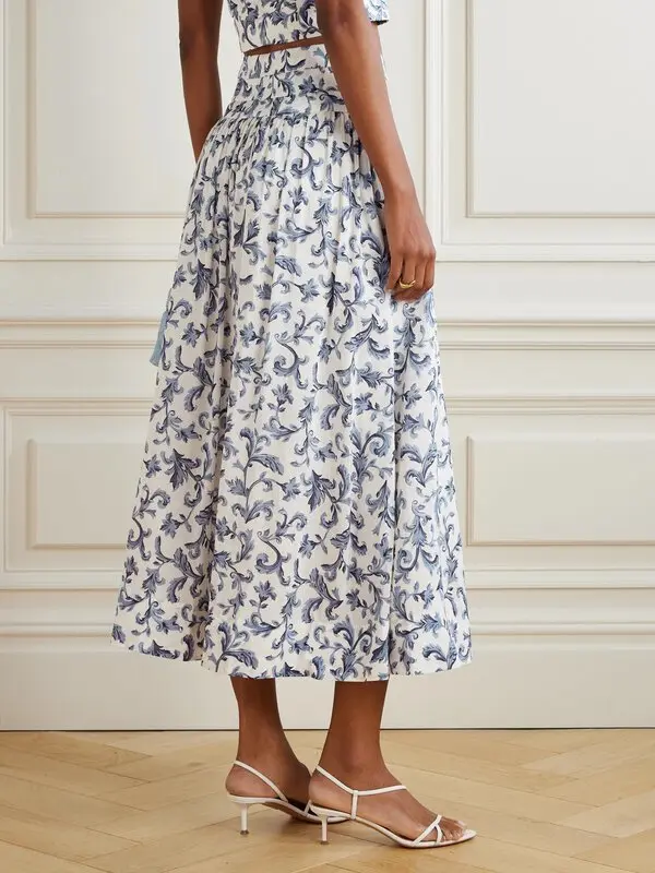 Posse Rue Pleated Printed Linen And Silk-blend Midi Skirt - Blue