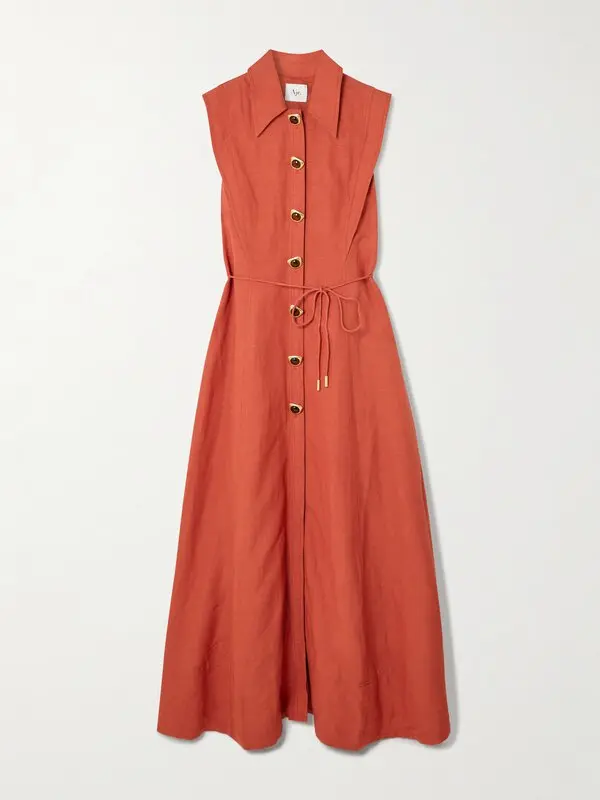 Aje Belted Embellished Linen-blend Maxi Shirt Dress