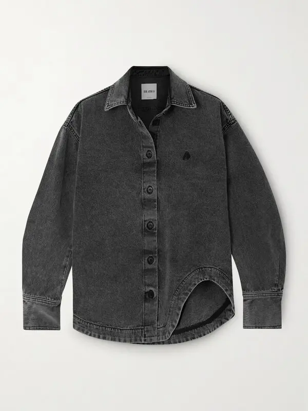Attico Eliza Asymmetric Embroidered Denim Shirt - Black