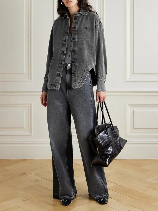 Attico Eliza Asymmetric Embroidered Denim Shirt - Black