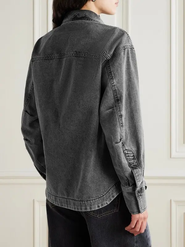 Attico Eliza Asymmetric Embroidered Denim Shirt - Black