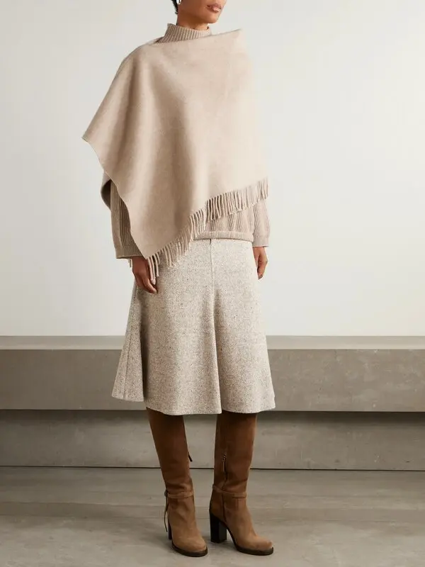 Brunello Cucinelli Fringed Wool And Cashmere-blend Poncho - Neutrals