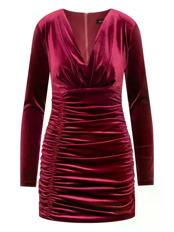 ACTUALEE Ruched Velvet Dress - Red