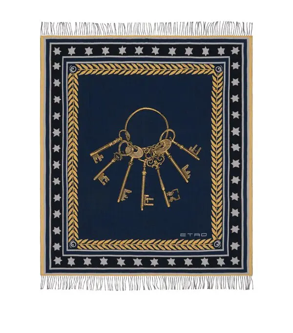 Etro Wool Fringed Herald Keys Throw - Blue