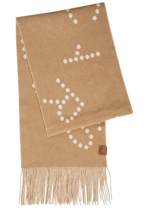 Stella McCartney Logo Fringed Wool Scarf - Camel