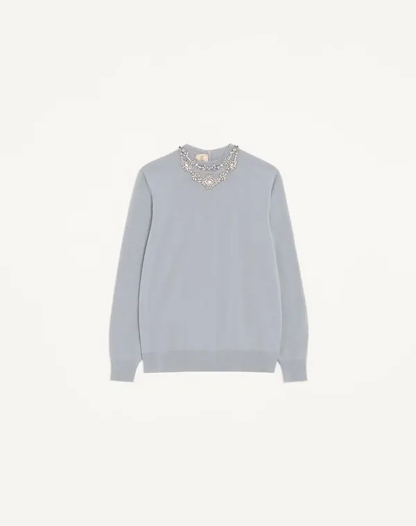 Valentino Garavani Wool Jumper With Embroidered Rhinestone Bow - Grey