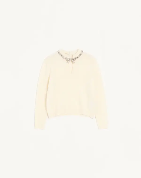 Valentino Garavani Wool Jumper With Embroidered Rhinestone Bow - Ivory