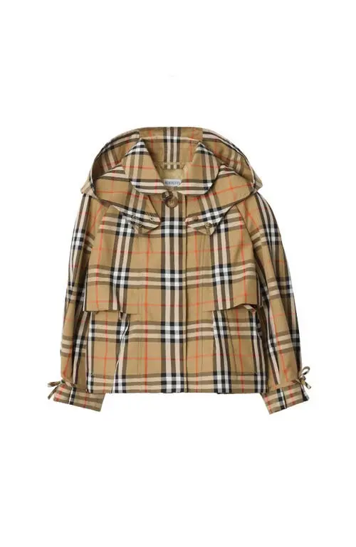 Burberry Check Cotton Hooded Trench Jacket
