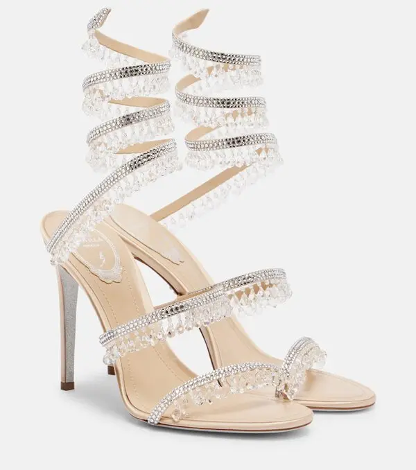 Rene Caovilla Chandelier Embellished Satin Sandals - Beige
