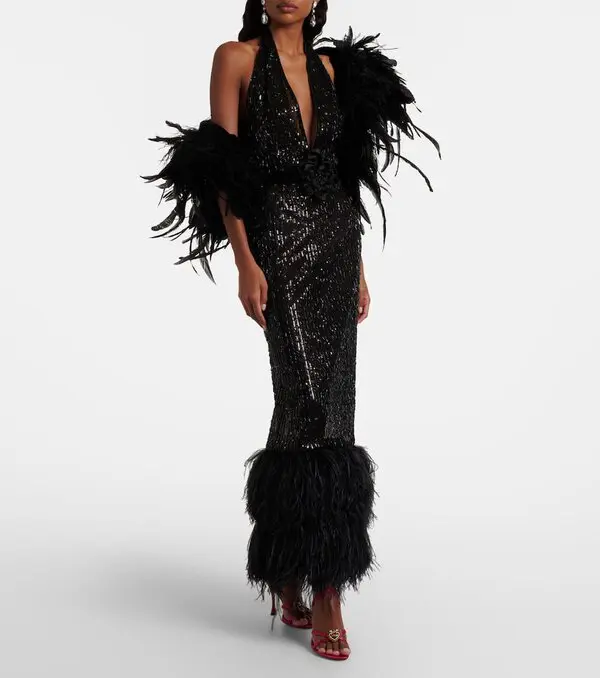 Dolce & Gabbana Feather-trimmed Sequined Gown