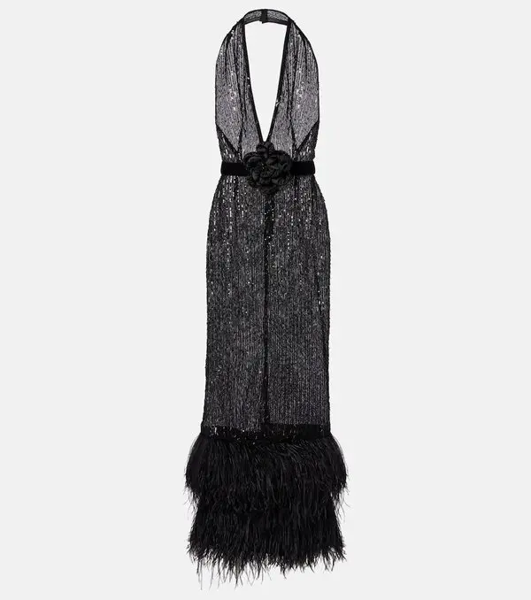 Dolce & Gabbana Feather-trimmed Sequined Gown - Black