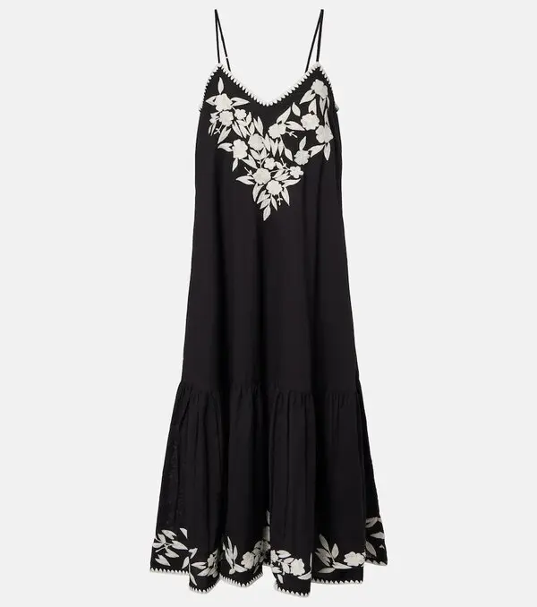 JULIET DUNN Embroidered Cotton And Linen Midi Dress - Black