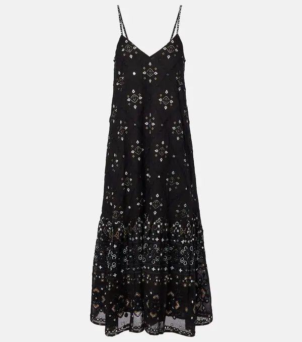 JULIET DUNN Embroidered Cotton Midi Dress - Black