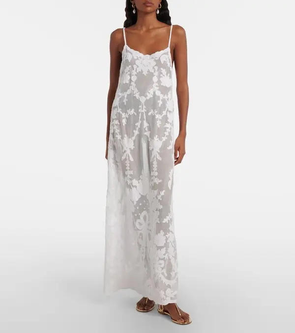 JULIET DUNN Embroidered Semi-sheer Cotton Maxi Dress