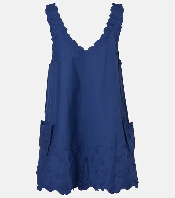 JULIET DUNN Floral Embroidered Cotton Poplin Mini Dress - Blue