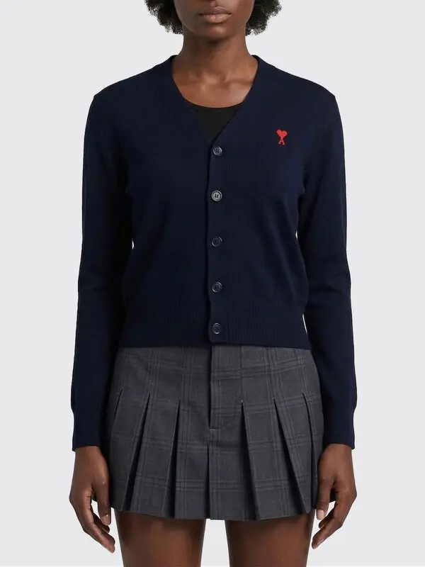 Ami V-neck Cardigan With Embroidered Logo - Blue