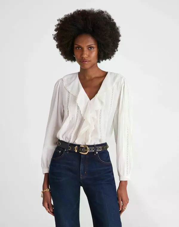 Madewell Lace-insert Ruffled Pintuck Long-sleeve Top - Winter White