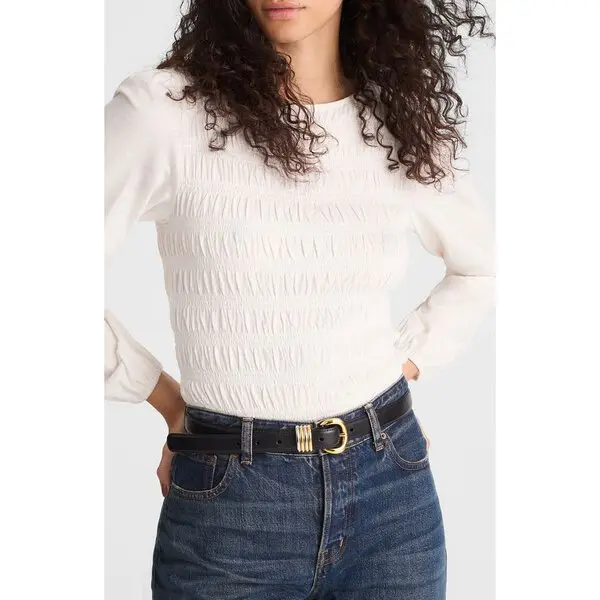 Madewell Smocked Boat Neck Long Sleeve Top - Vintage Ivory