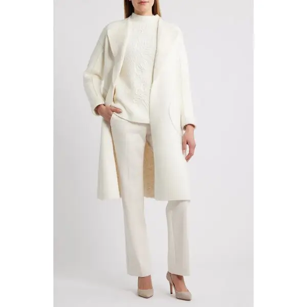 Anne Klein Wing Collar Long Sleeve Sweater Coat - White Dove Heather