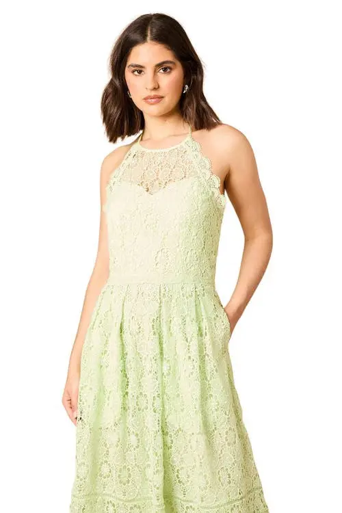 OASIS Lace Detail Halterneck Midi Dress - Sage