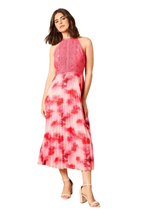 OASIS Printed Lace Halterneck Midi Dress - Multi