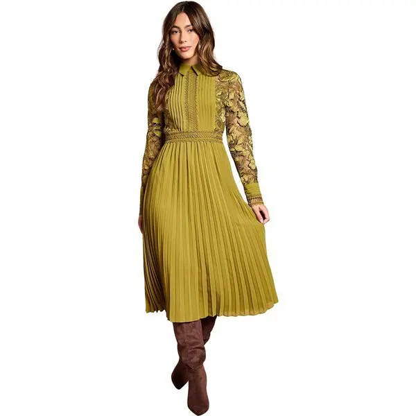 Coast Long Sleeve Lace Midi Shirt Dress - Olive