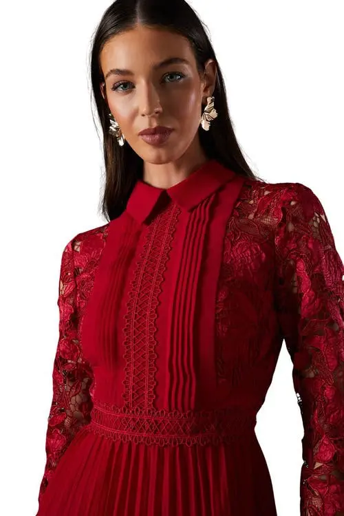 Coast Long Sleeve Lace Midi Shirt Dress - Red