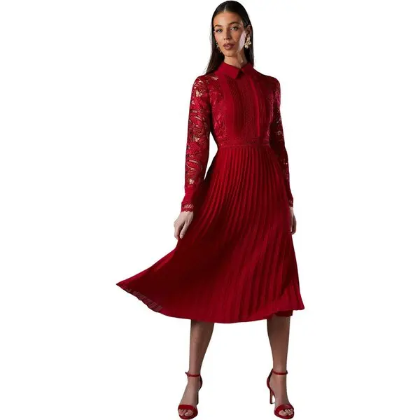 Coast Long Sleeve Lace Midi Shirt Dress - Red