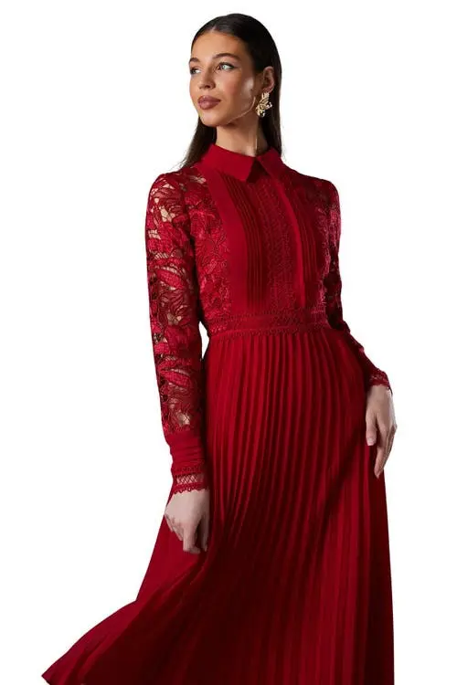 Coast Long Sleeve Lace Midi Shirt Dress - Red