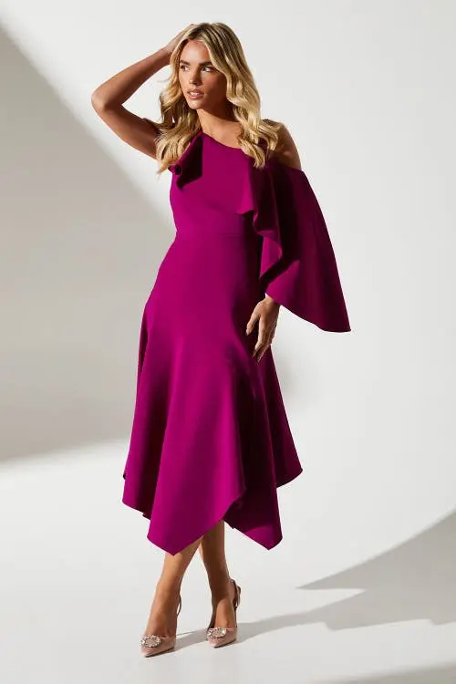 Coast Petite Asymmetrical Ruffled Midi Dress - Berry