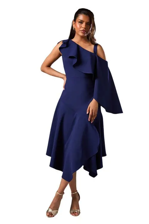 Coast Petite Asymmetrical Ruffled Midi Dress - Navy