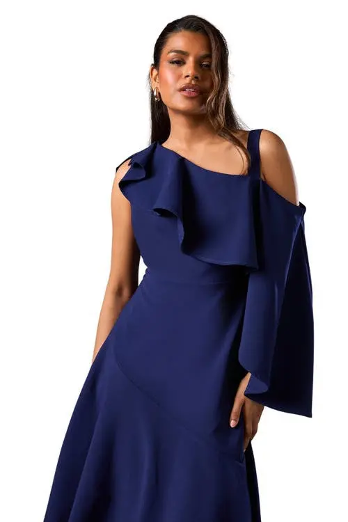 Coast Petite Asymmetrical Ruffled Midi Dress - Navy