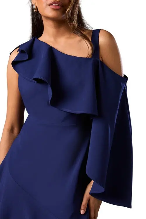 Coast Petite Asymmetrical Ruffled Midi Dress - Navy