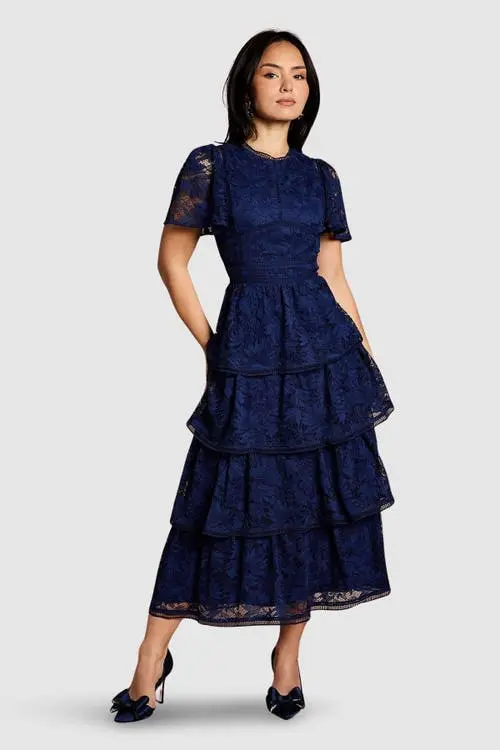 Coast Petite Tiered Lace Dress - Navy
