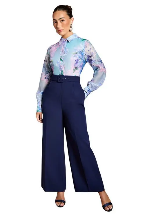 Coast Collared Wide Leg Belted Jumpsuit - Navy