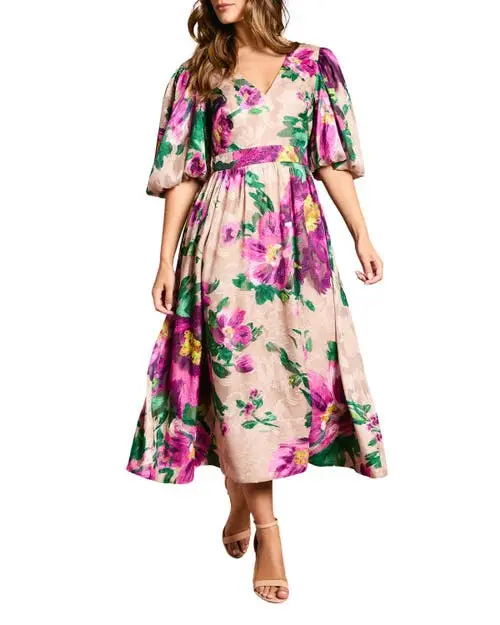 Coast Floral Jacquard Puff Sleeve Midi Dress - Purple